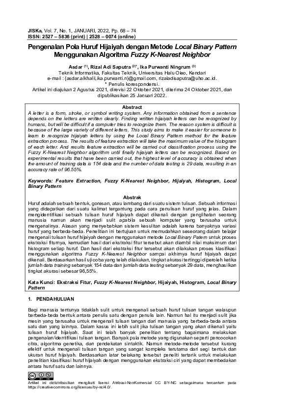 Pdf Pengenalan Pola Huruf Hijaiyah Dengan Metode Local Binary Pattern