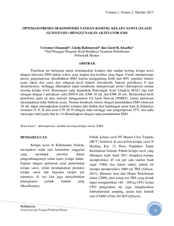 (PDF) Optimasi Proses Dekomposisi Tandan Kosong Kelapa Sawit (Elaeis ...
