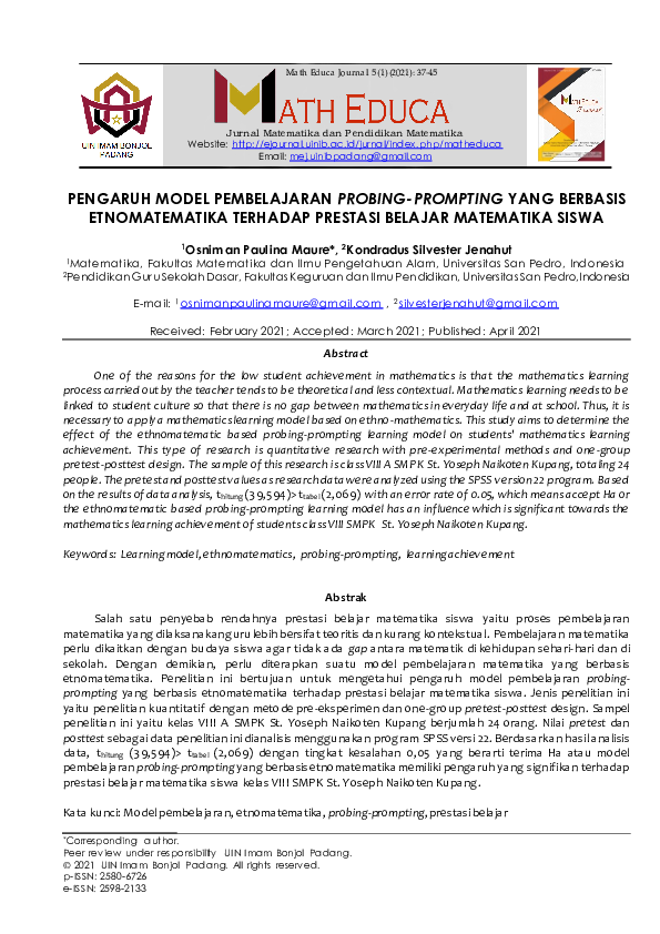 (PDF) Pengaruh Model Pembelajaran Probing-Prompting Berbasis Etnomatematika Terhadap Prestasi ...