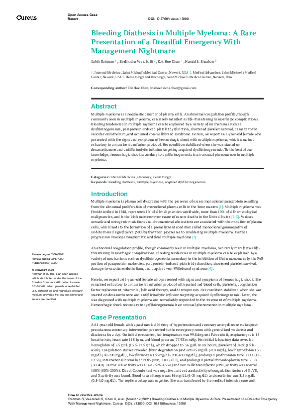 (PDF) Bleeding Diathesis in Multiple Myeloma: A Rare Presentation of a ...