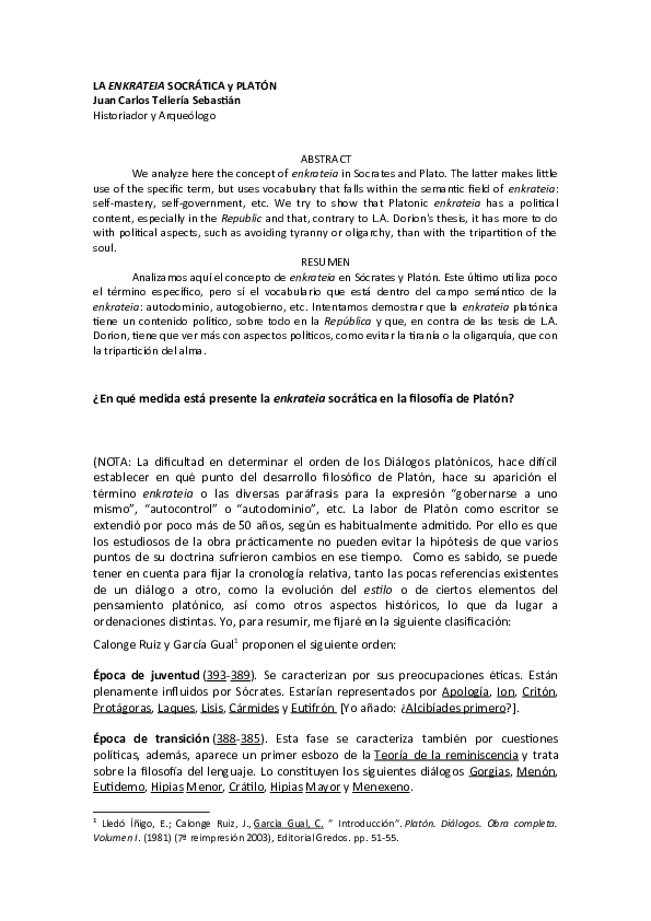 (DOC) LA ENKRATEIA SOCRATICA y PLATON