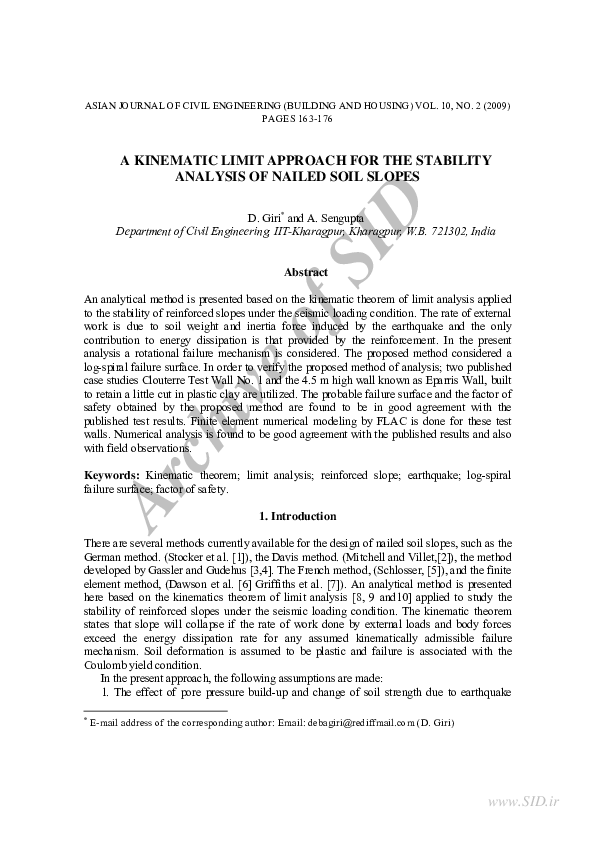 (PDF) A Kinematic Limit Approach for the Stability Analysis of Nailed Soil Slopes