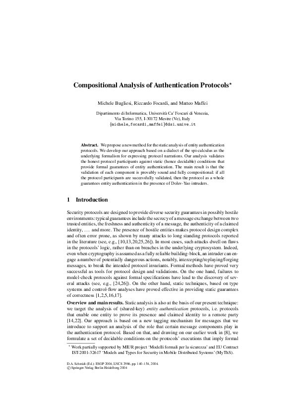 (PDF) Compositional Analysis of Authentication Protocols (Full Version)