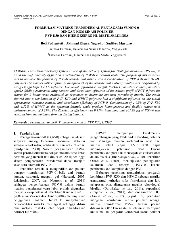 (PDF) Formulasi Matriks Transdermal PENTAGAMAVUNON-0 Dengan Kombinasi ...
