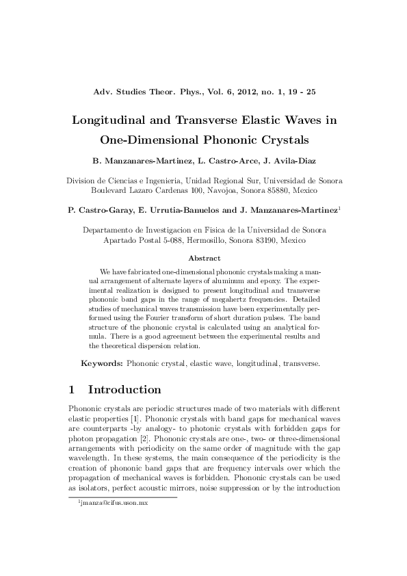 (PDF) Longitudinal and Transverse Elastic Waves in One-Dimensional Phononic Crystals | Jesus ...