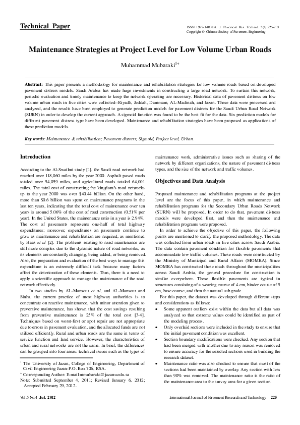 (PDF) Maintenance Strategies at Project Level for Low Volume Urban Roads