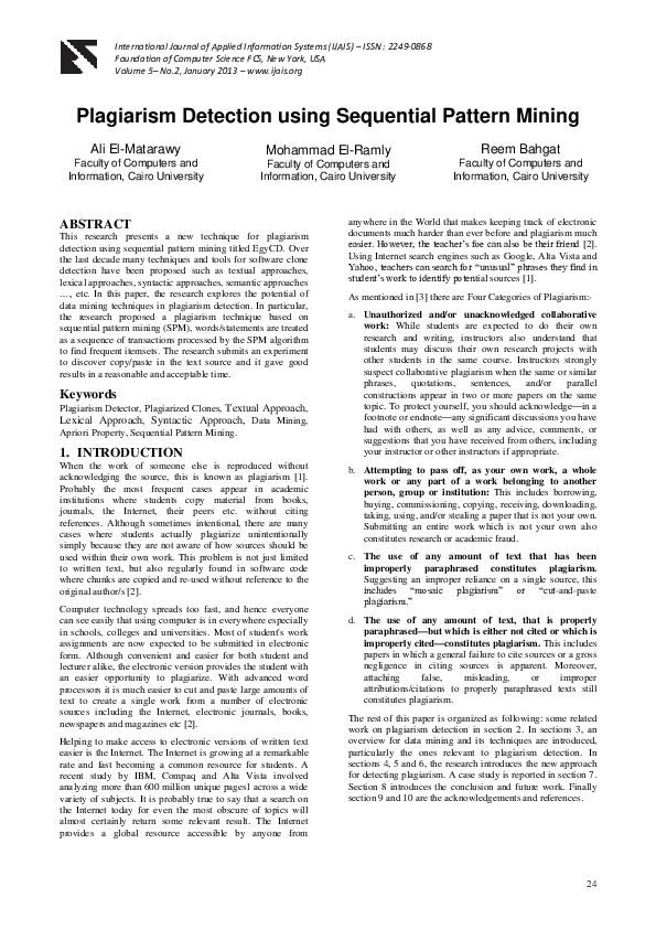 (PDF) Plagiarism Detection using Sequential Pattern Mining