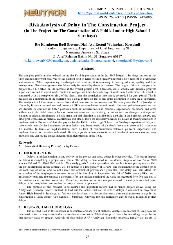 (PDF) Risk Analysis of Delay in The Construction Project