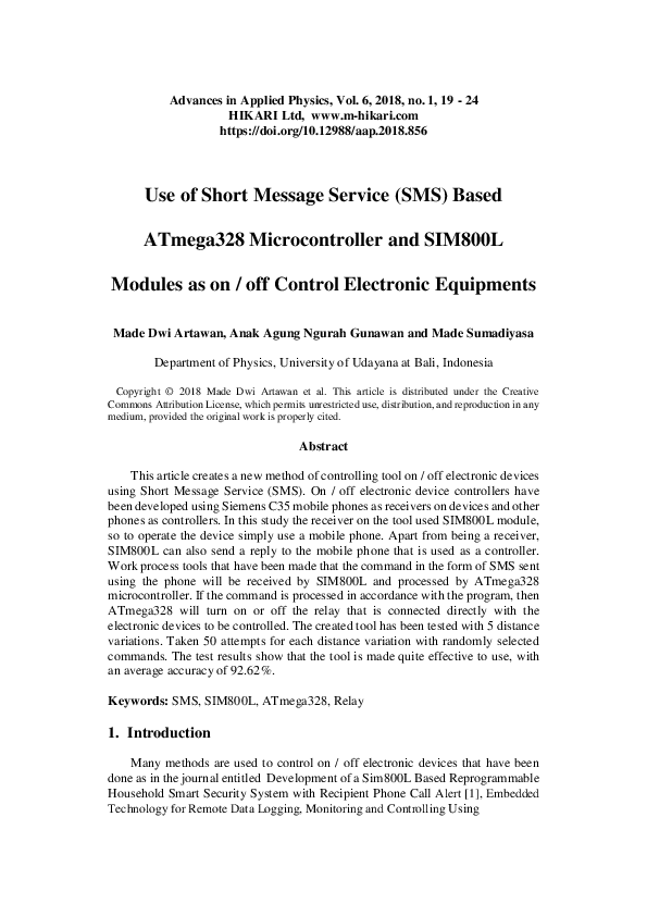 Pdf Use Of Short Message Service Sms Based Atmega328 Microcontroller And Sim800l Modules As