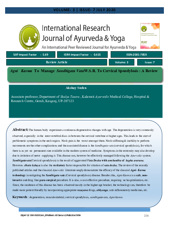 (PDF) Agni Karma To Manage Sandhigata VataW.S.R. To Cervical Spondylosis : A Review