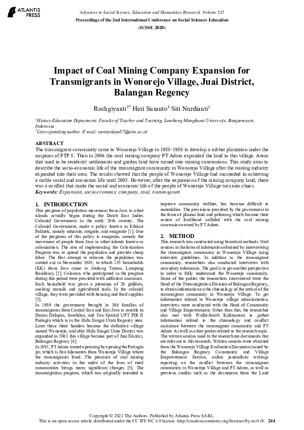 (PDF) Impact of Coal Mining Company Expansion for Transmigrants in ...