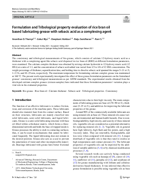 (PDF) Formulation and Tribological property evaluation of rice bran oil based lubricating grease ...