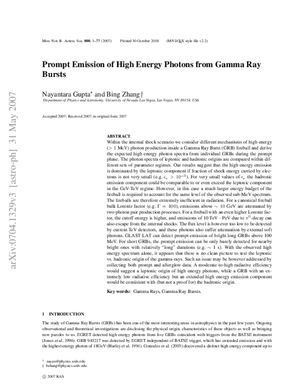 (PDF) Prompt emission of high-energy photons from gamma ray bursts