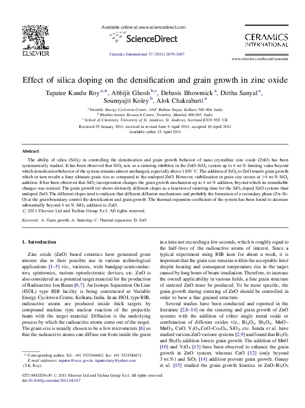 (PDF) Effect of silica doping on the densification and grain growth in zinc oxide | Dirtha ...