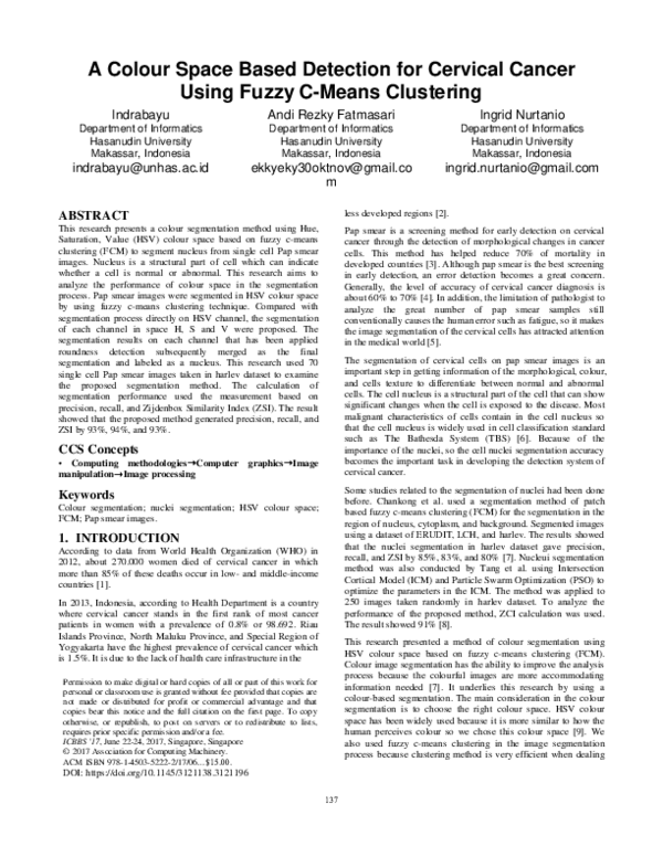 Pdf A Colour Space Based Detection For Cervical Cancer Using Fuzzy C Means Clustering