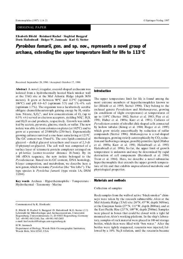 (PDF) Pyrolobus fumarii , gen. and sp. nov., represents a novel group ...