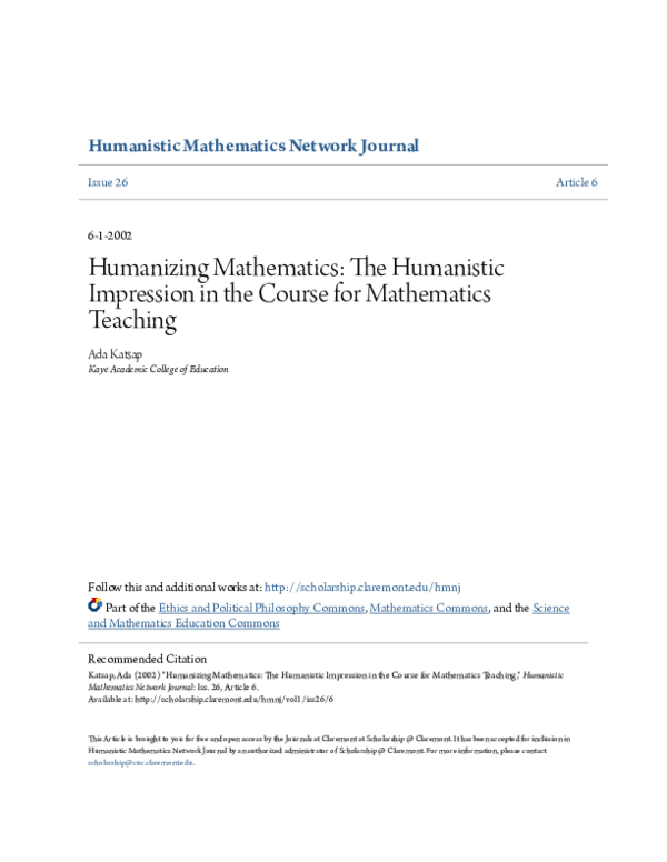 (PDF) Humanizing Mathematics: The Humanistic Impression in the Course for Mathematics Teaching