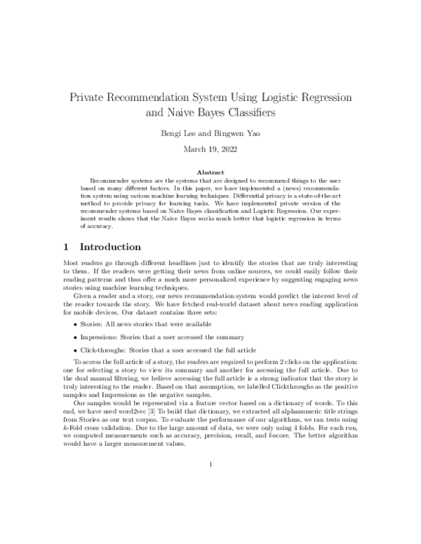 Pdf Private Recommendation System Using Logistic Regression And Naive Bayes Classifiers
