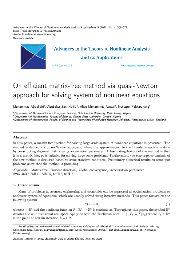 Pdf On Solving Efficient Matrix Free Method Via Quasi Newton Approach For Solving System Of