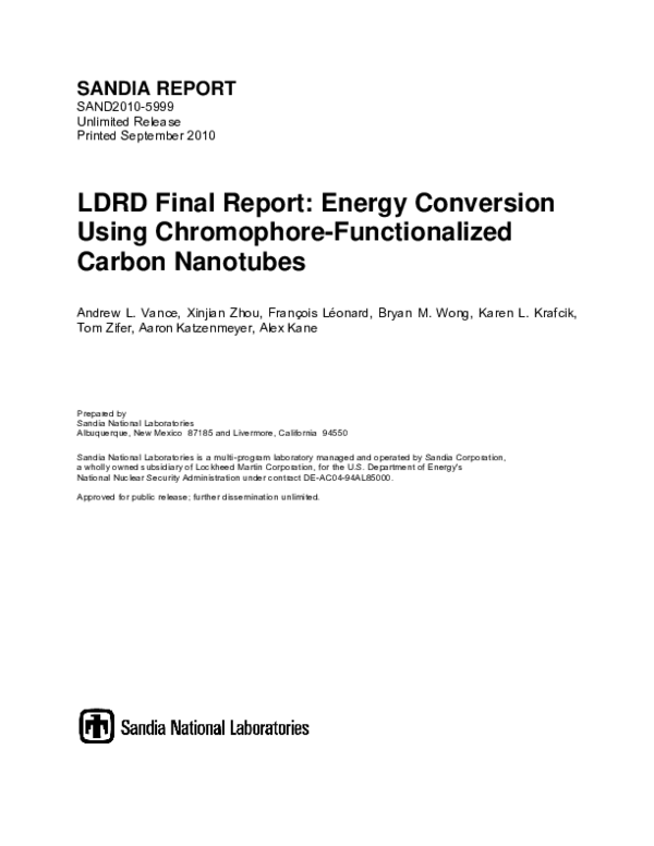(PDF) LDRD final report : energy conversion using chromophore-functionalized carbon nanotubes