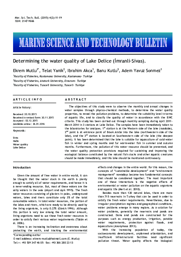 (PDF) Determining the water quality of Lake Delice (İmranli-Sivas)