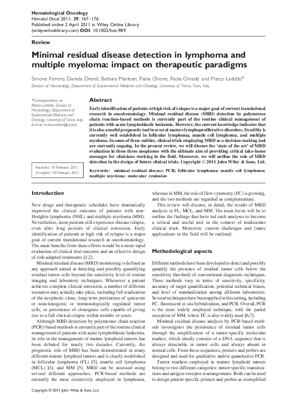 (PDF) Minimal residual disease detection in lymphoma and multiple myeloma: impact on therapeutic ...