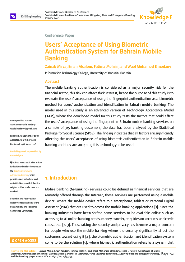 Pdf Users Acceptance Of Using Biometric Authentication System For Bahrain Mobile Banking
