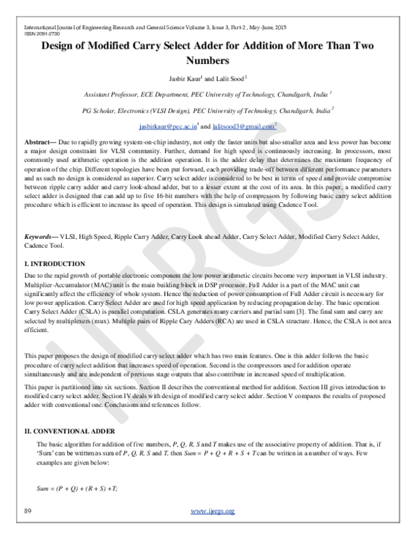 (PDF) Design of Modified Carry Select Adder for Addition of More Than Two Numbers