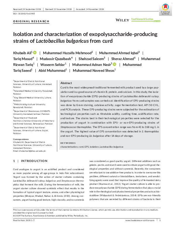 Pdf Isolation And Characterization Of Exopolysaccharide Producing Strains Of Lactobacillus
