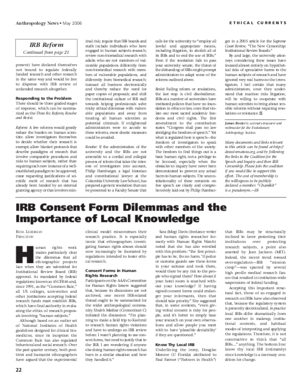 (PDF) IRB Consent Form Dilemmas and the Importance of Local Knowledge