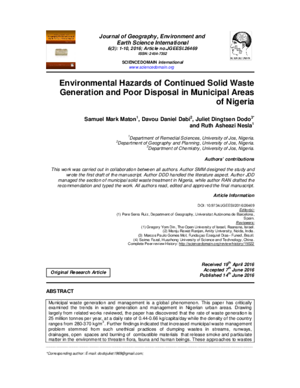 (PDF) Environmental Hazards of Continued Solid Waste Generation and ...