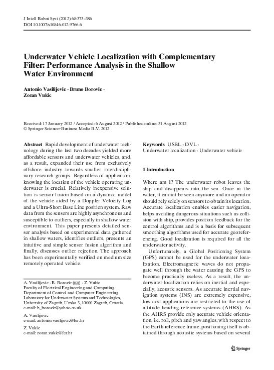 (PDF) Underwater Vehicle Localization with Complementary Filter ... (PDF) Underwater Vehicle Localization with Complementary Filter ...