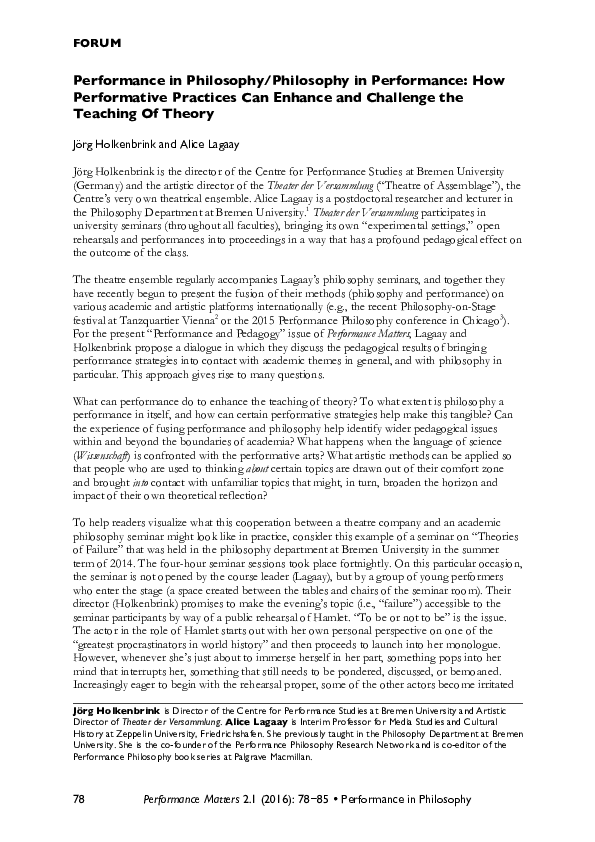 (PDF) Performance in Philosophy/ Philosophy in Performance: How ...
