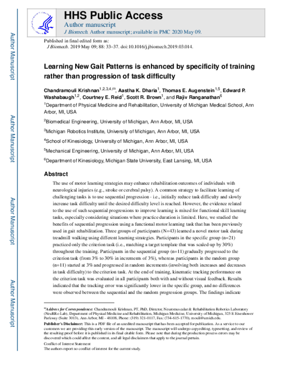 (PDF) Learning new gait patterns is enhanced by specificity of training rather than progression ...