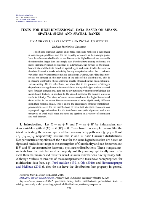 (PDF) Tests for high dimensional data based on means, spatial signs and ...