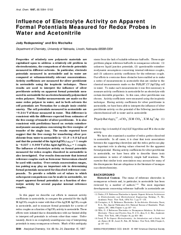 (PDF) Influence of Electrolyte Activity on Apparent Formal Potentials ...