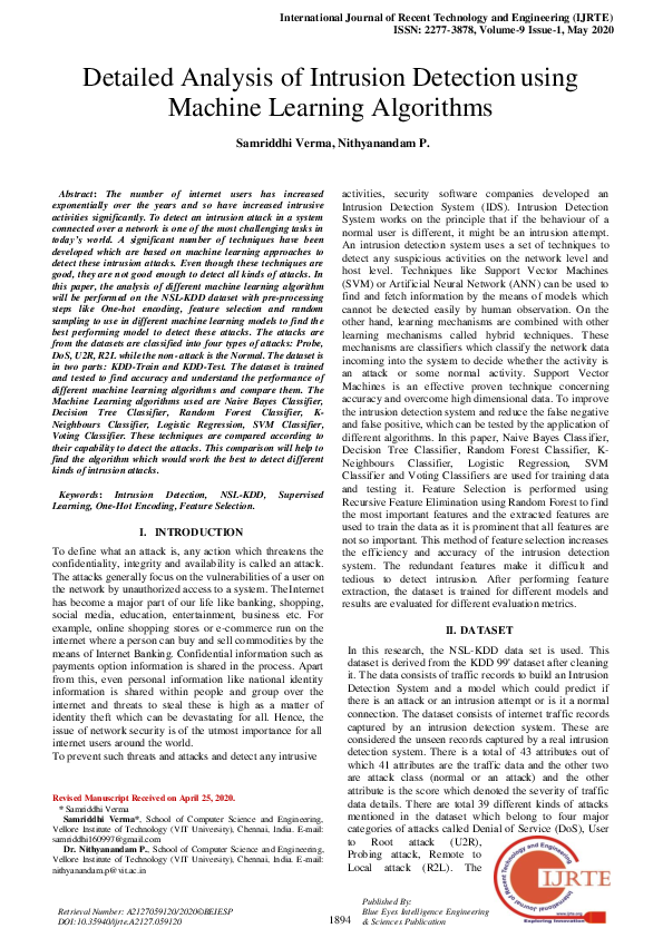 Pdf Detailed Analysis Of Intrusion Detection Using Machine Learning