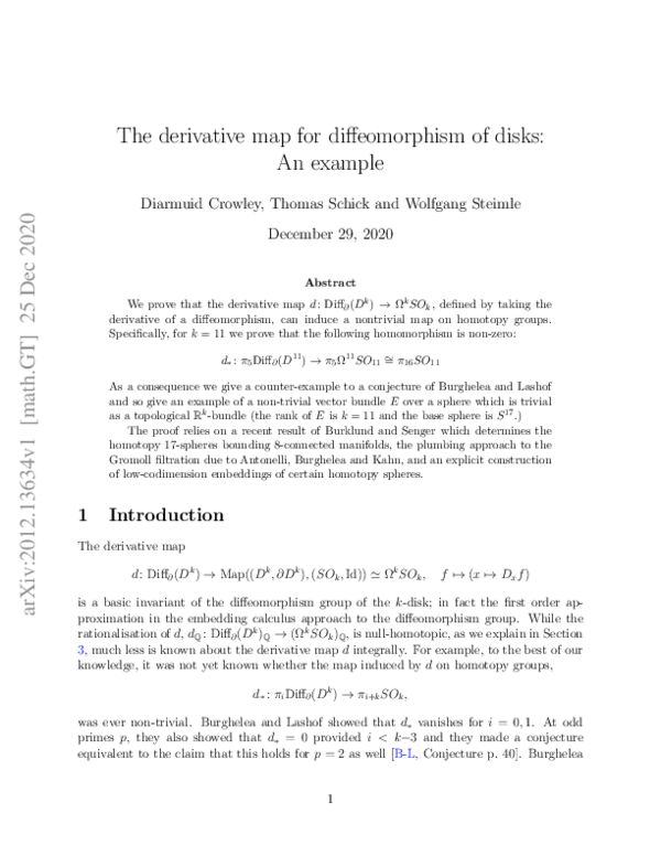 (PDF) The derivative map for diffeomorphism of disks: An example