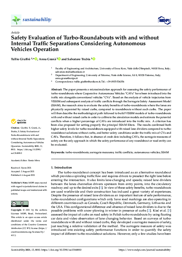 Pdf Safety Evaluation Of Turbo Roundabouts With And Without Internal Traffic Separations