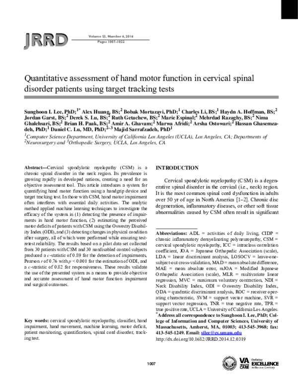 (PDF) Quantitative assessment of hand motor function in cervical spinal ...