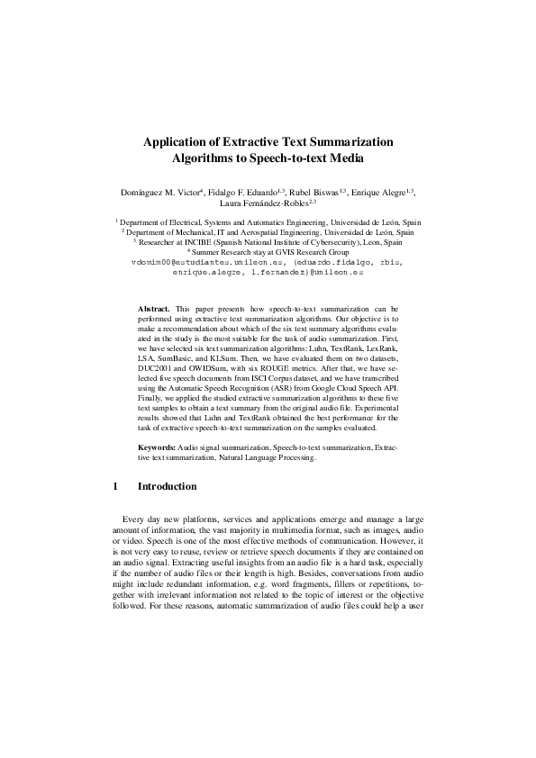 Pdf Application Of Extractive Text Summarization Algorithms To Speech To Text Media Rubel