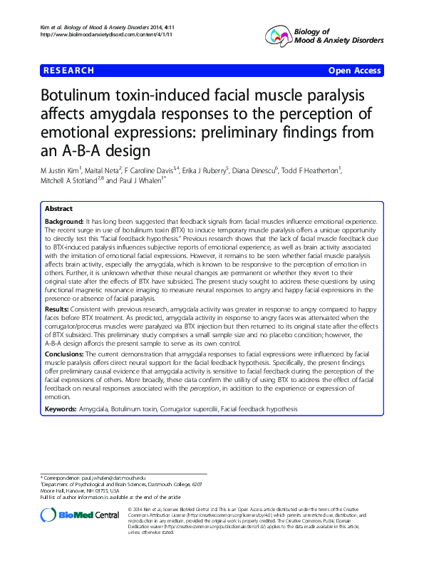 (PDF) Botulinum toxin-induced facial muscle paralysis affects amygdala ...