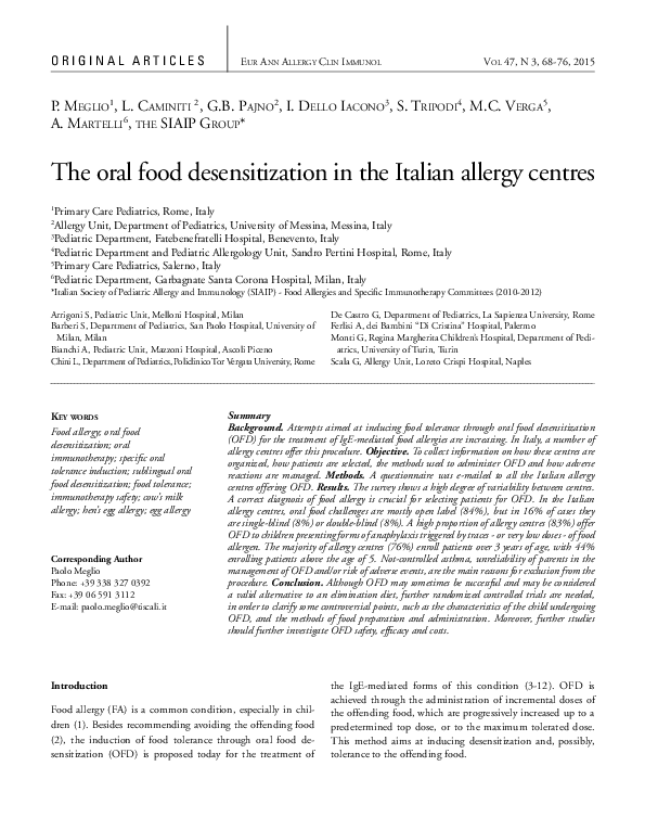 (PDF) The oral food desensitization in the Italian allergy centres