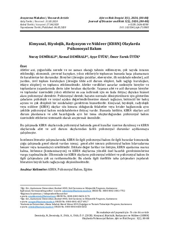 (PDF) Kimyasal, Biyolojik, Radyasyon ve Nükleer (KBRN) Olaylarda Psikososyal Bakım