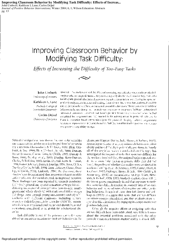 (PDF) Improving Classroom Behavior by Modifying Task Difficulty