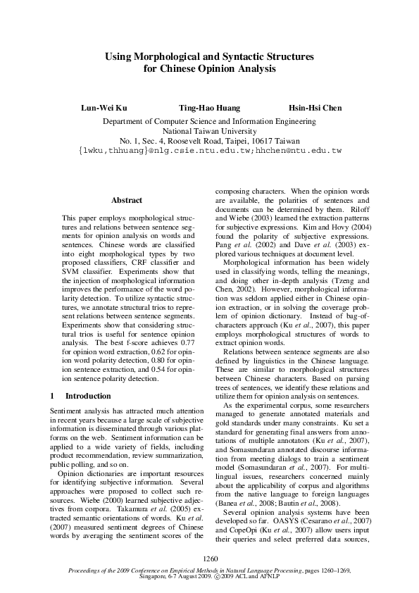 (PDF) Using morphological and syntactic structures for Chinese opinion analysis