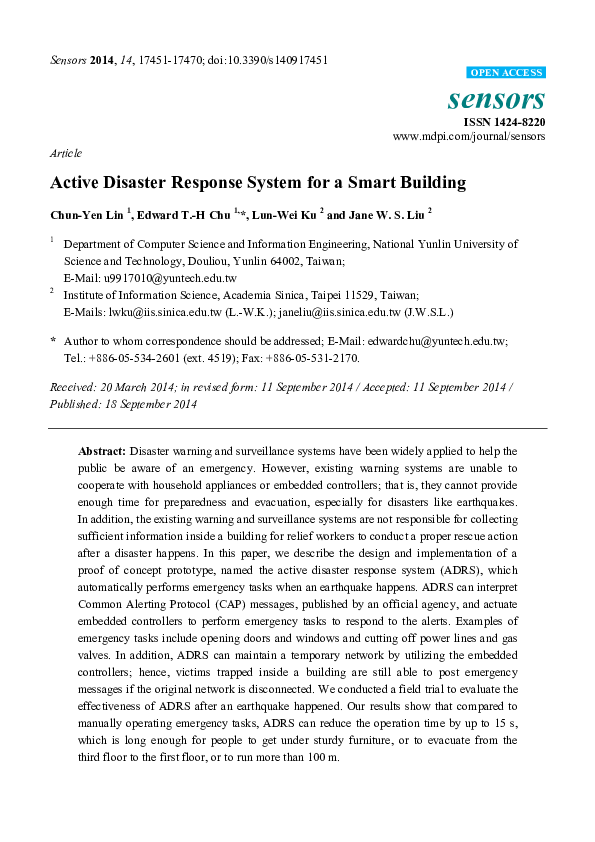 (PDF) Active Disaster Response System for a Smart Building