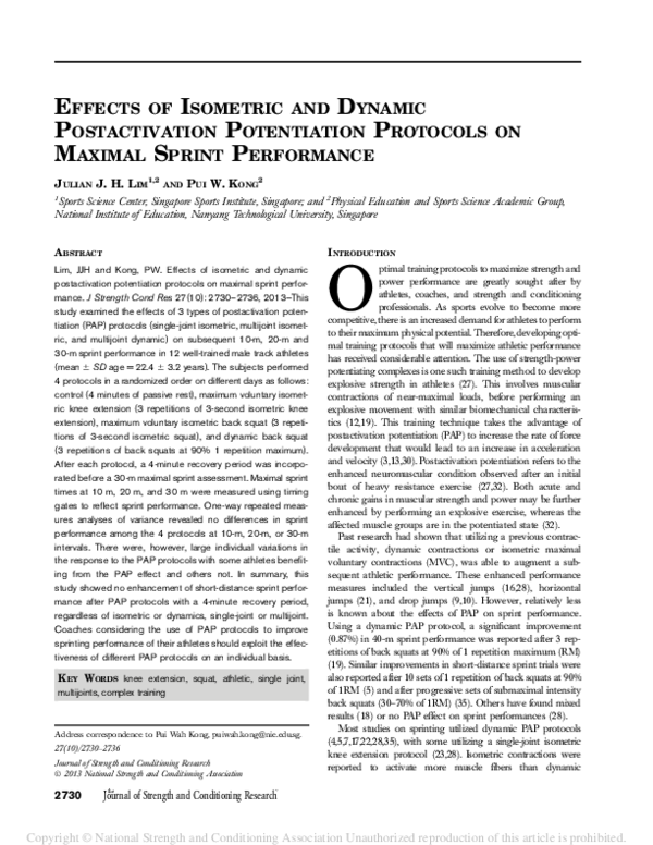 Pdf Effects Of Isometric And Dynamic Postactivation Potentiation Protocols On Maximal Sprint