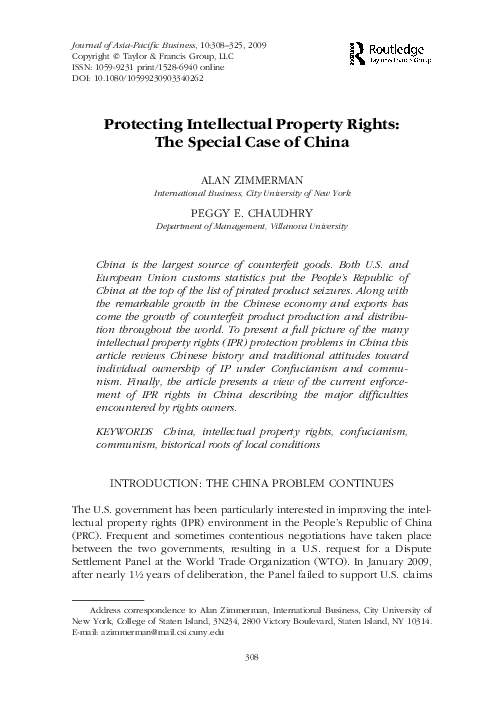 (PDF) Protecting Intellectual Property Rights: The Special Case of China
