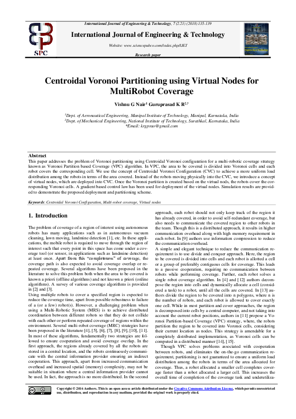 (PDF) Centroidal Voronoi Partitioning using Virtual Nodes for MultiRobot Coverage